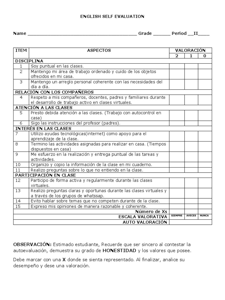 English Self Evaluation II Period | PDF | Crecimiento personal y ...