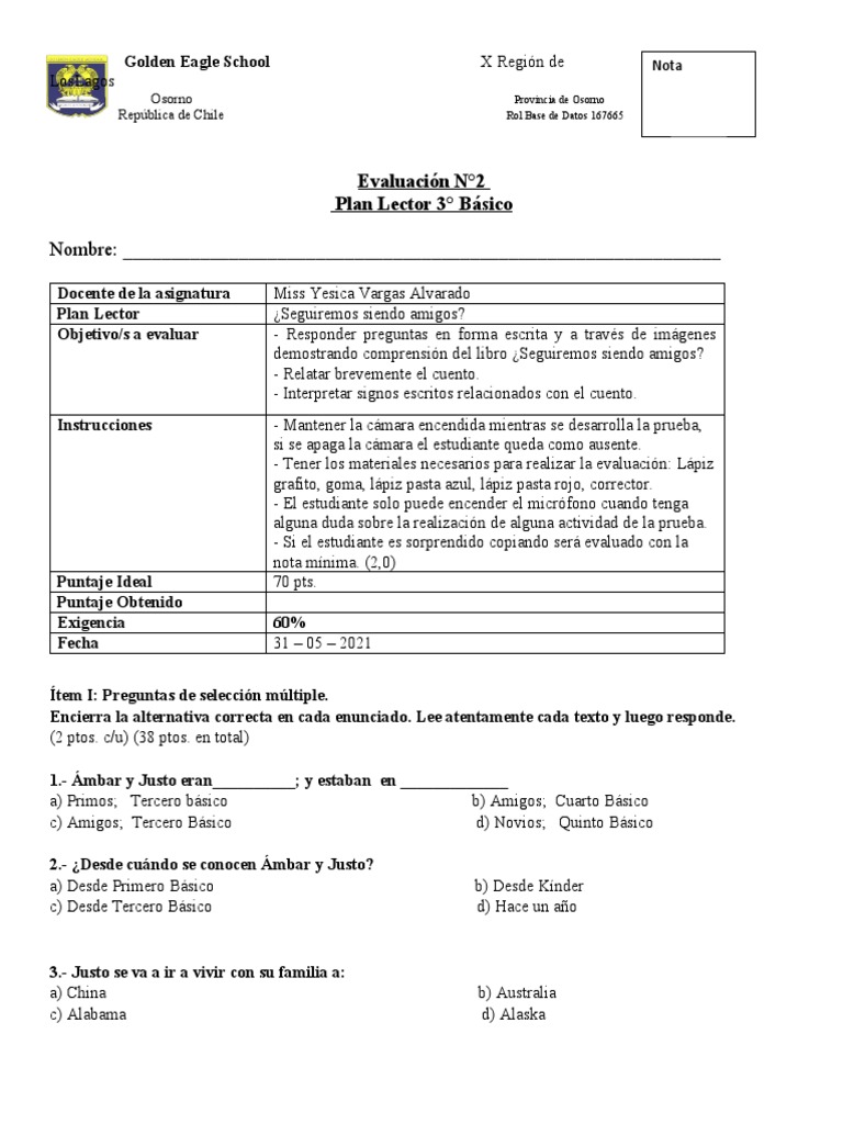 Prueba 2 Del Plan Lector 3° Básico | PDF