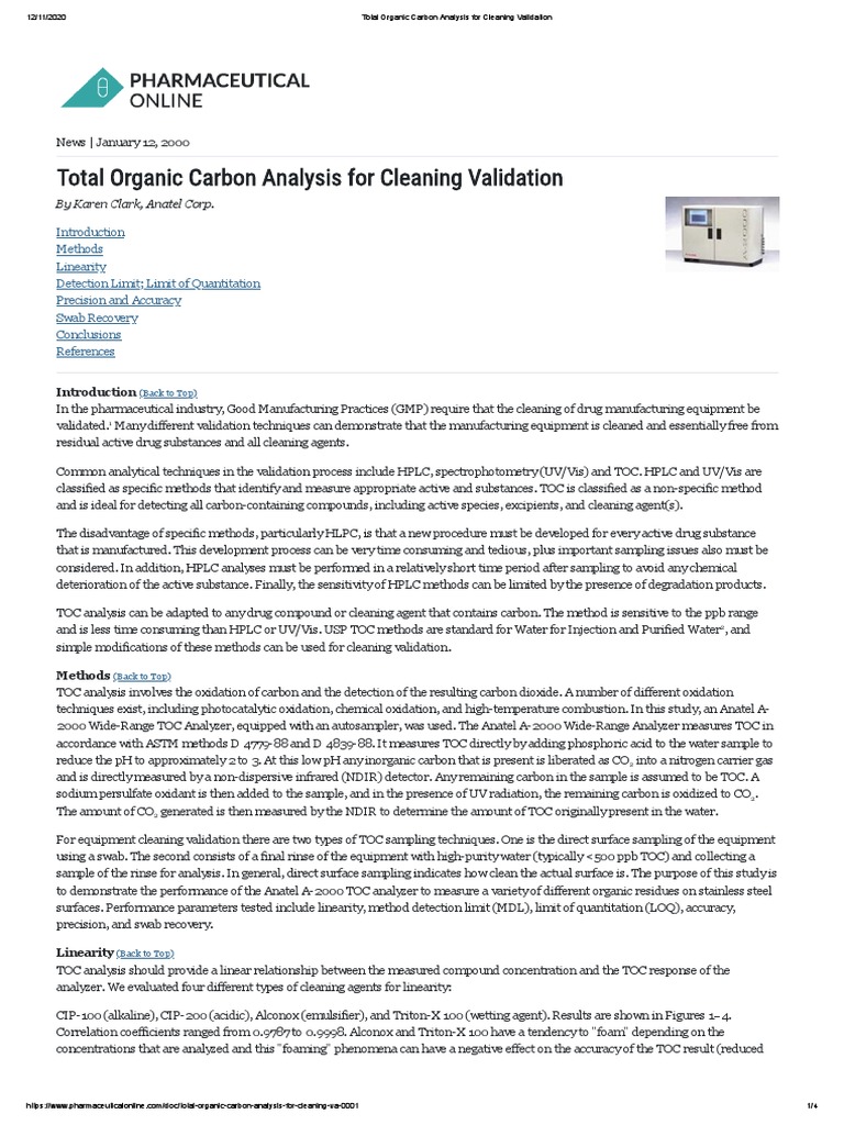 Total Organic Carbon Analysis For Cleaning Validation | PDF | Total ...