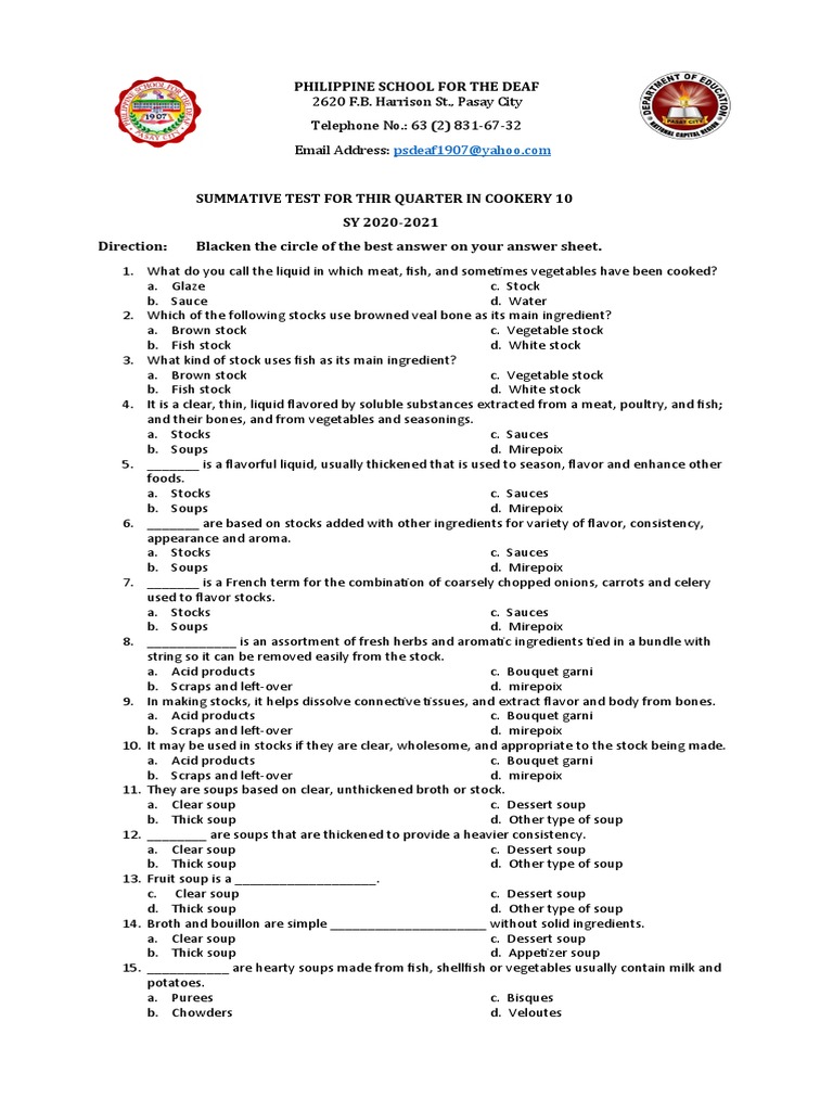 Q3 Summative-Test-part-1-cookery-10 | Stock (Food) | Soup