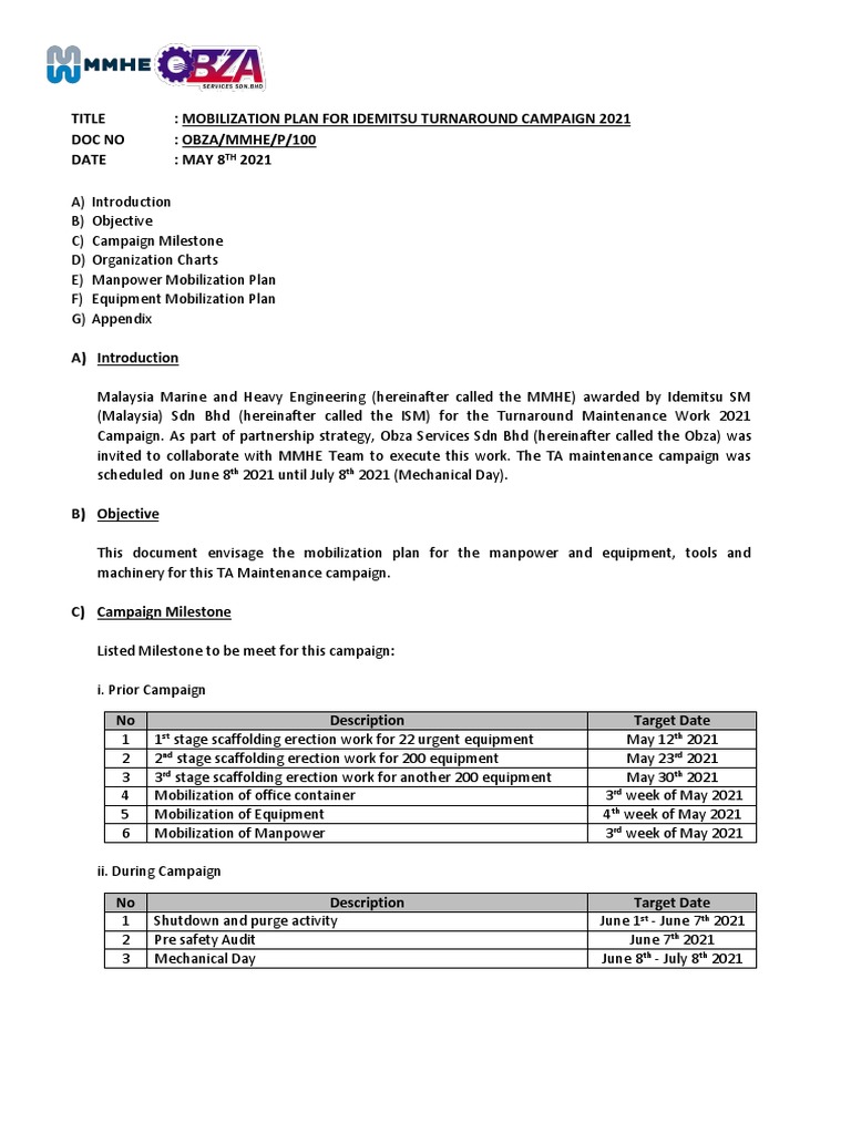 04 Mobilization Plan | PDF | Tools | Equipment