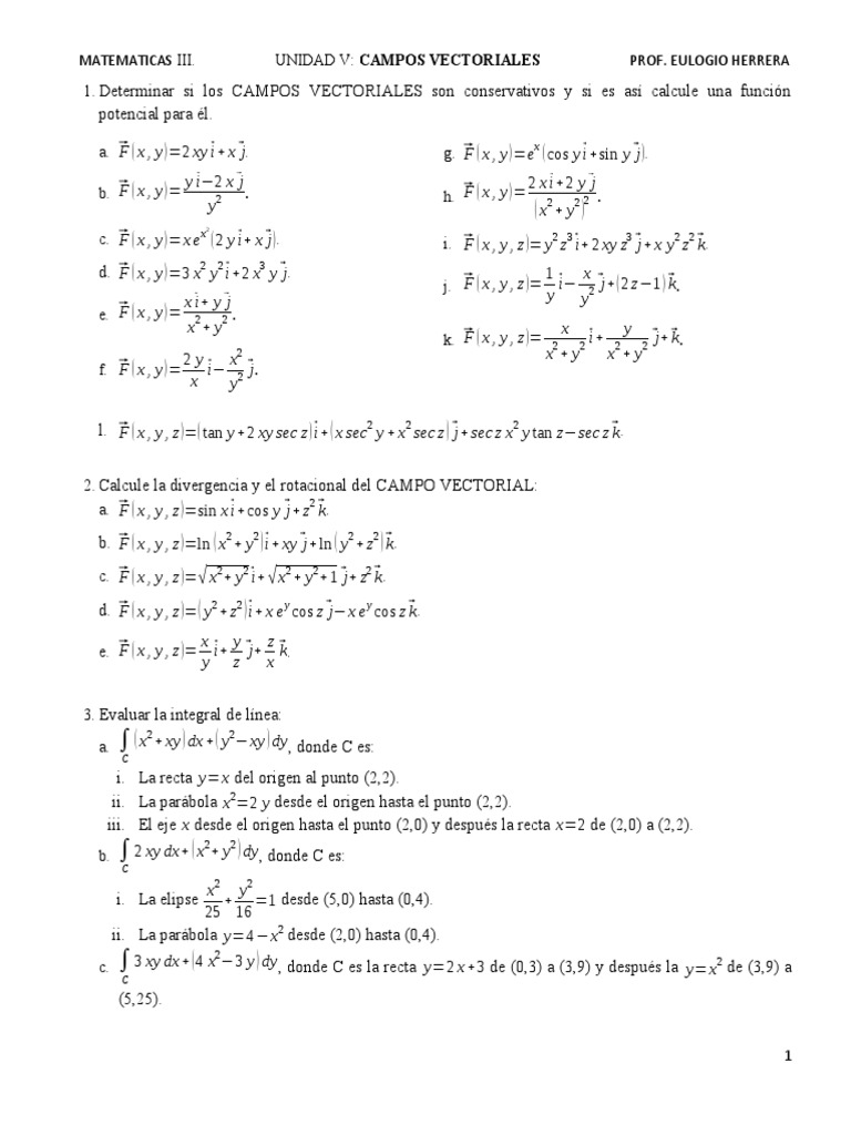 Guia de Ejercicios de Campos Vectoriales | PDF | Integral | Curva