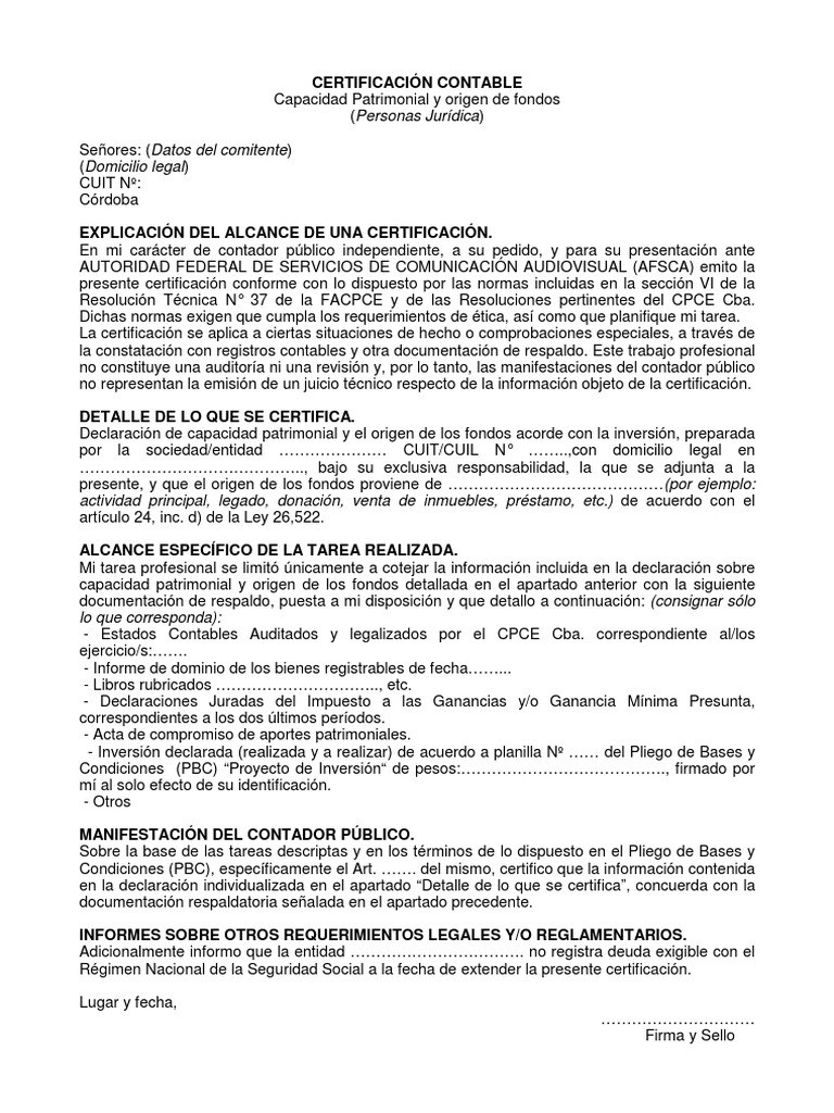 Certificacion Contable de Capacidad Patrimonial y Origen de Fondos ...