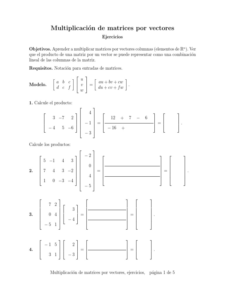 Multiplicación de Matrices por Vectores | PDF | Matriz (Matemáticas ...