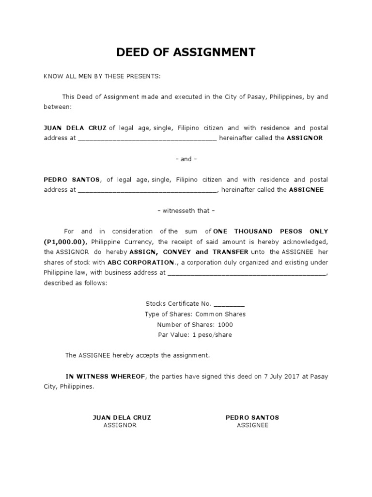 DEED OF ASSIGNMENT of Shares of Stocks (Draft) | PDF | Assignment (Law ...