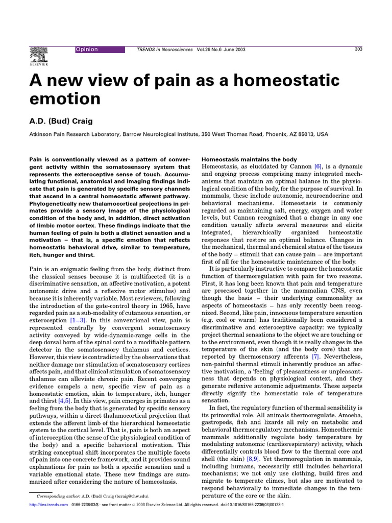 Pain as a Homeostatic Emotion | PDF | Somatosensory System | Insular Cortex