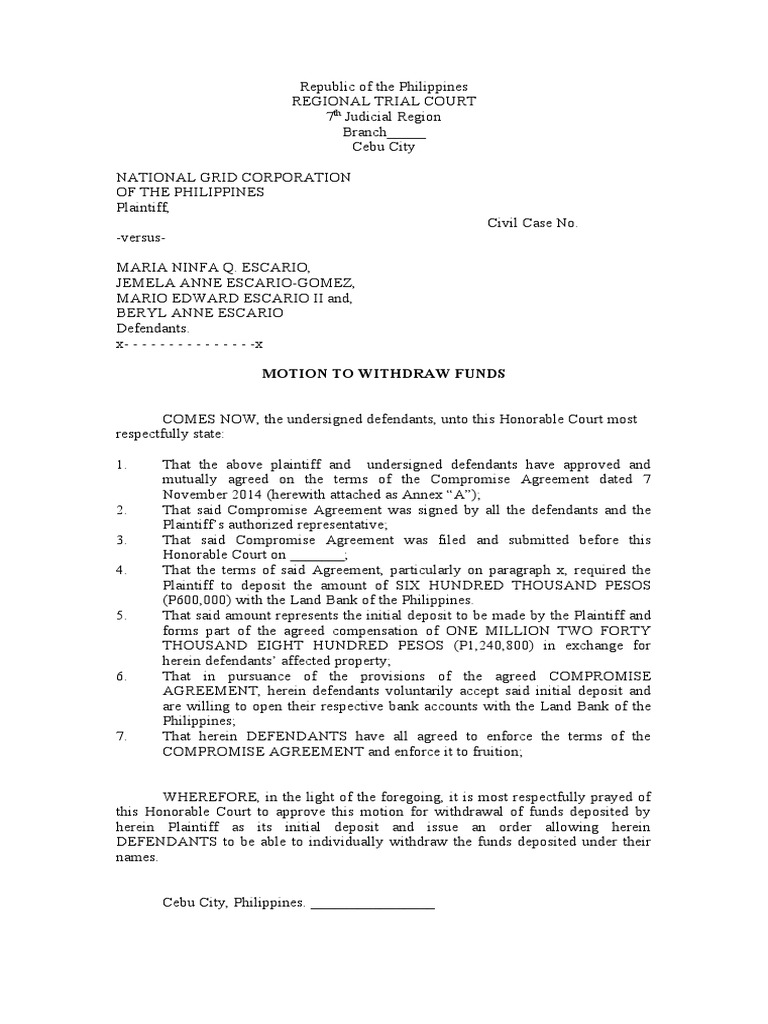 Motion To Withdraw Funds | PDF | Judiciaries | Common Law