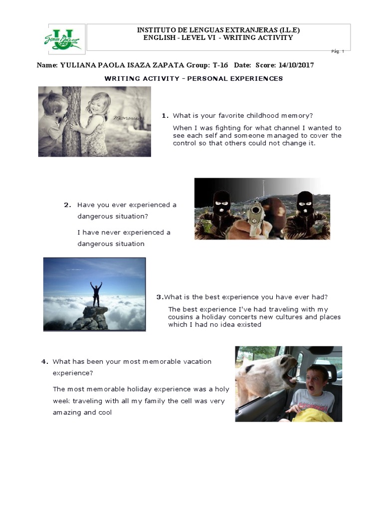 Personal Experiences Writing Activity | PDF | Self-Improvement | Wellness