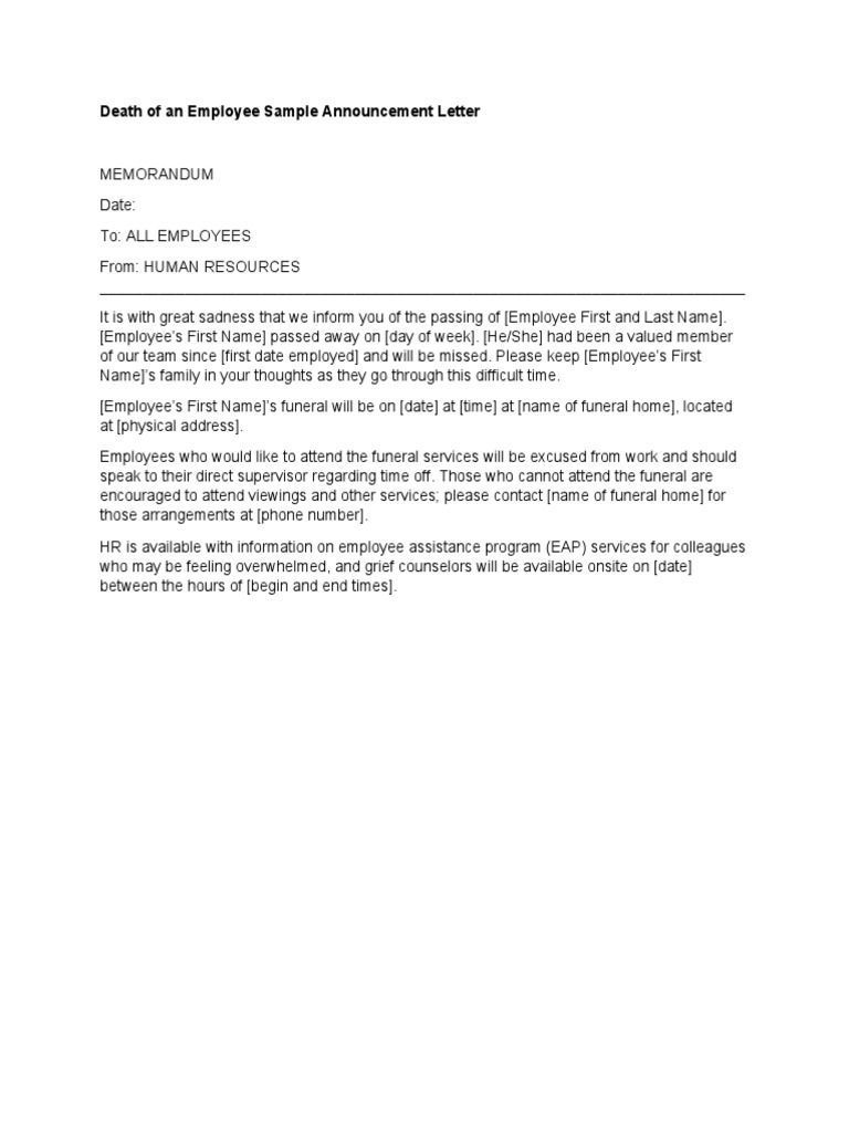 Death Of An Employee Sample Announcement Letter Pdf
