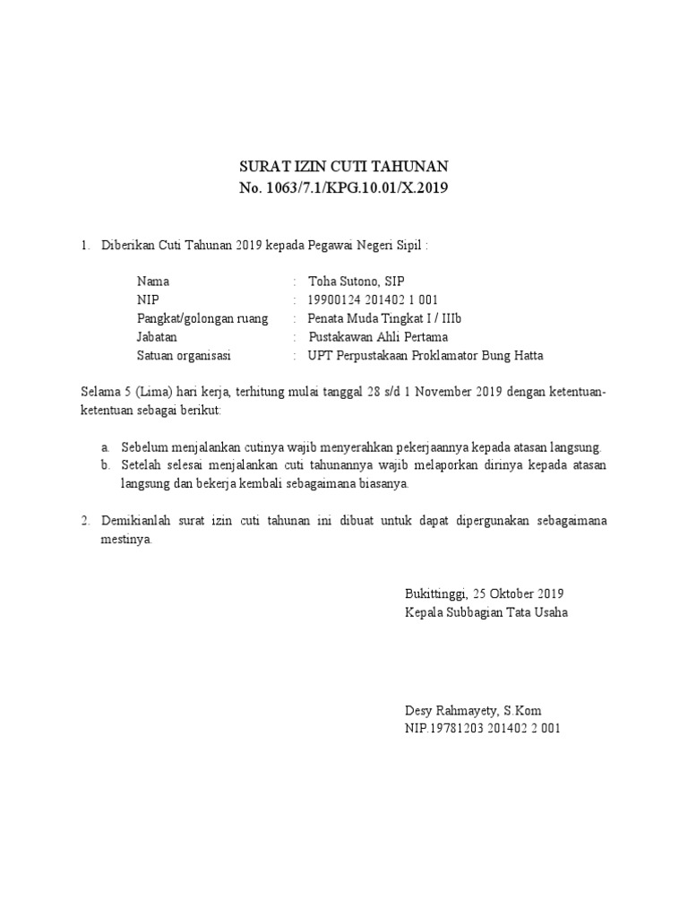 Contoh Surat Izin Cuti Tahunan PNS | PDF