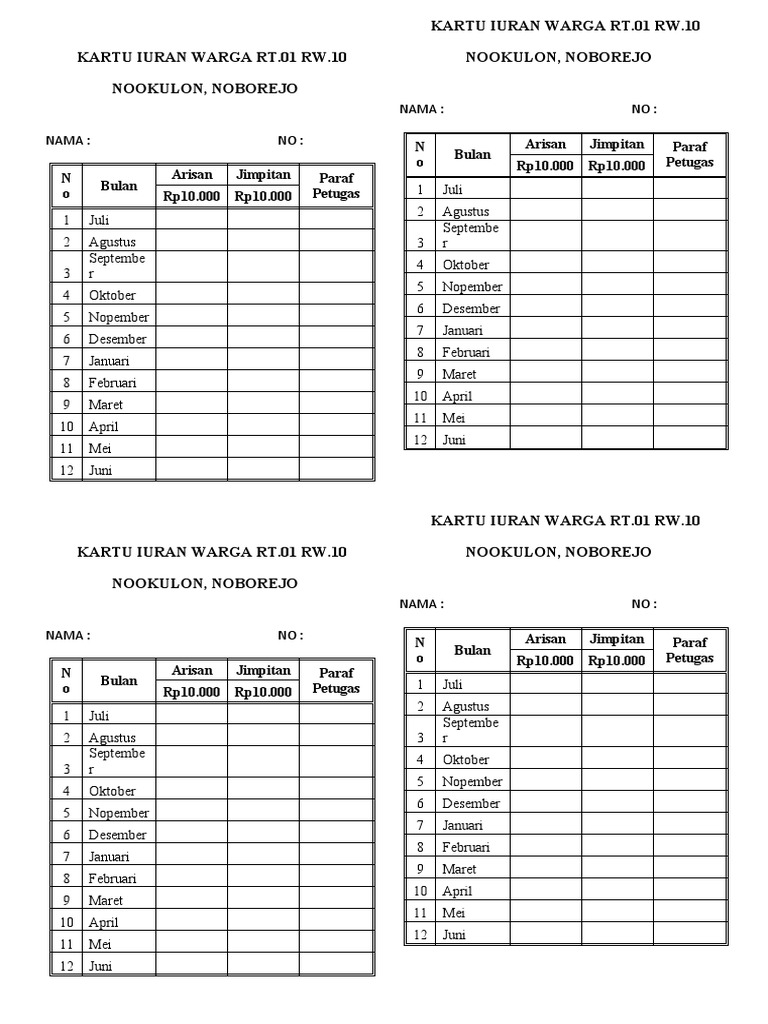 Kartu Iuran Warga RT | PDF