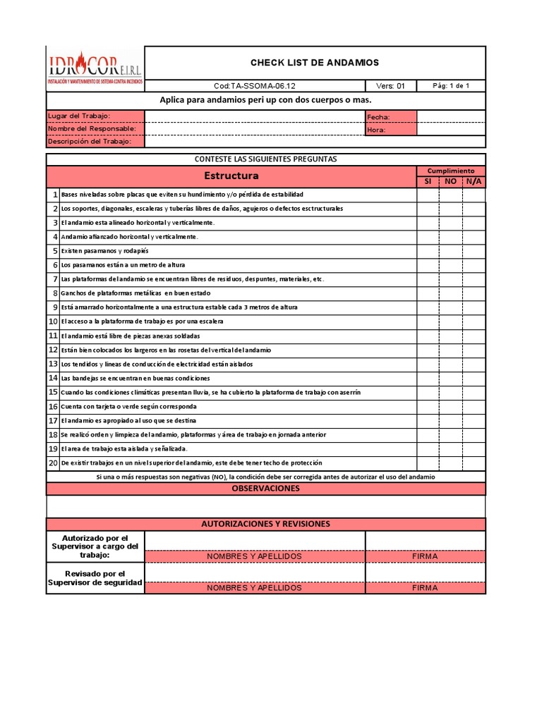 Checklist de Seguridad para Andamios | PDF | Andamio | Naturaleza