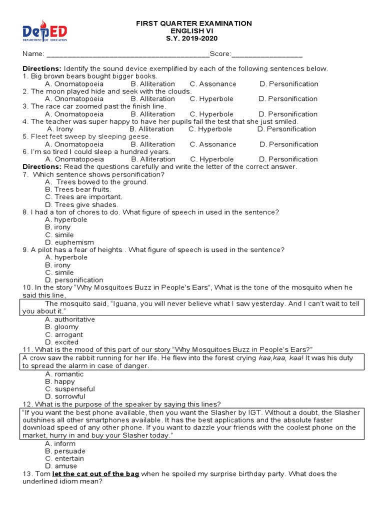 1st Grading Test in English 6 Sy 2019 2020 | PDF | Narration | Languages