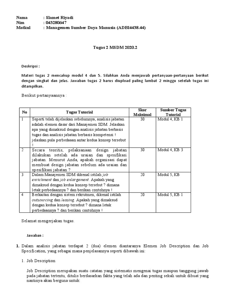 Analisis dan Jawaban Soal Tugas 2 MSDM Slamet Riyadi | PDF
