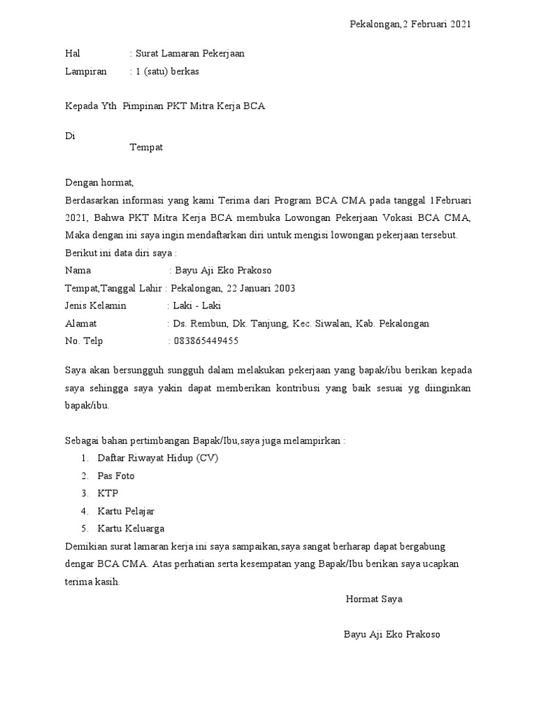 Lamarn Pekerjaan Vokasi BCA CMA | PDF