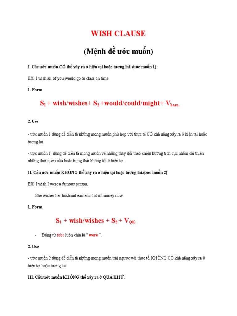 Wish Clause Exercises With Answer Key | PDF