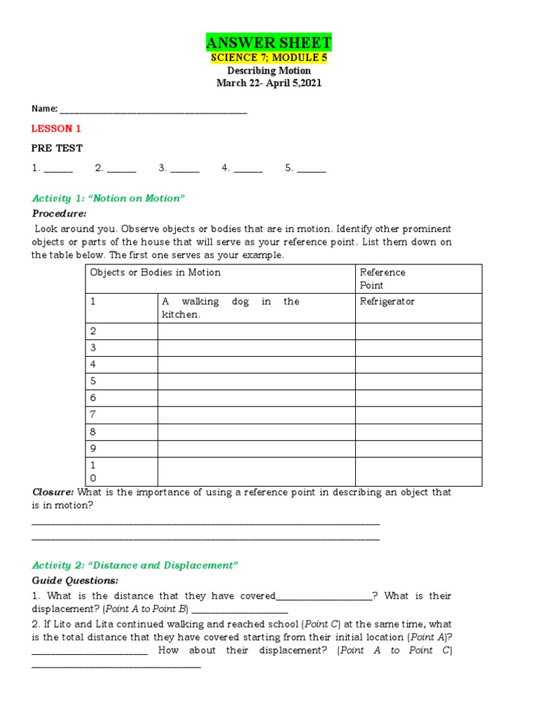 Answer Sheet Mod. 1&2 | PDF | Acceleration | Velocity