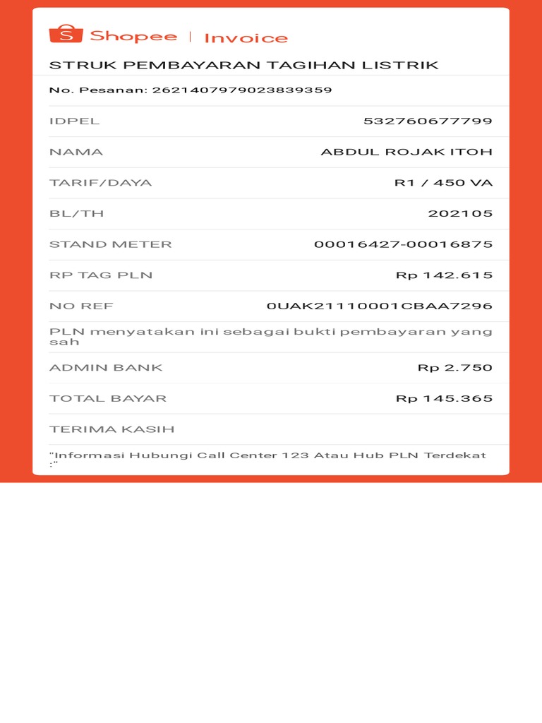 Invoice: Struk Pembayaran Tagihan Listrik | PDF
