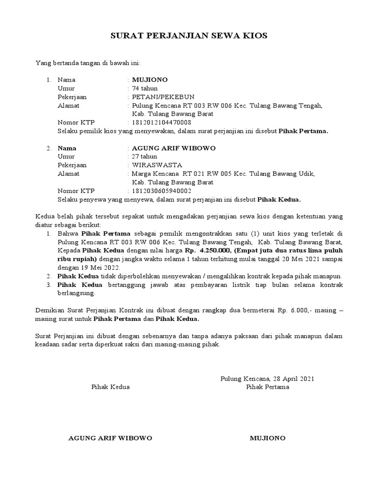 Surat Perjanjian Sewa Kios | PDF
