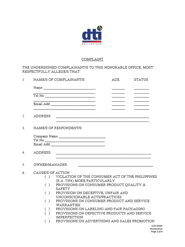 40 NCR SF050 Complaint Form | PDF | Common Law | Government
