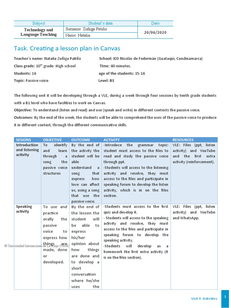 Task. Creating A Lesson Plan in Canvas: Subject Student's Data Date ...