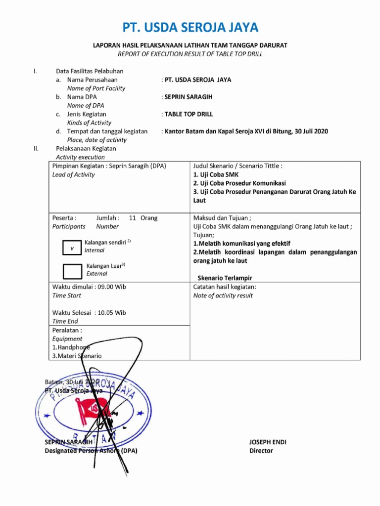 Laporan Lengkap Table Top Drill For Doc Audit | PDF