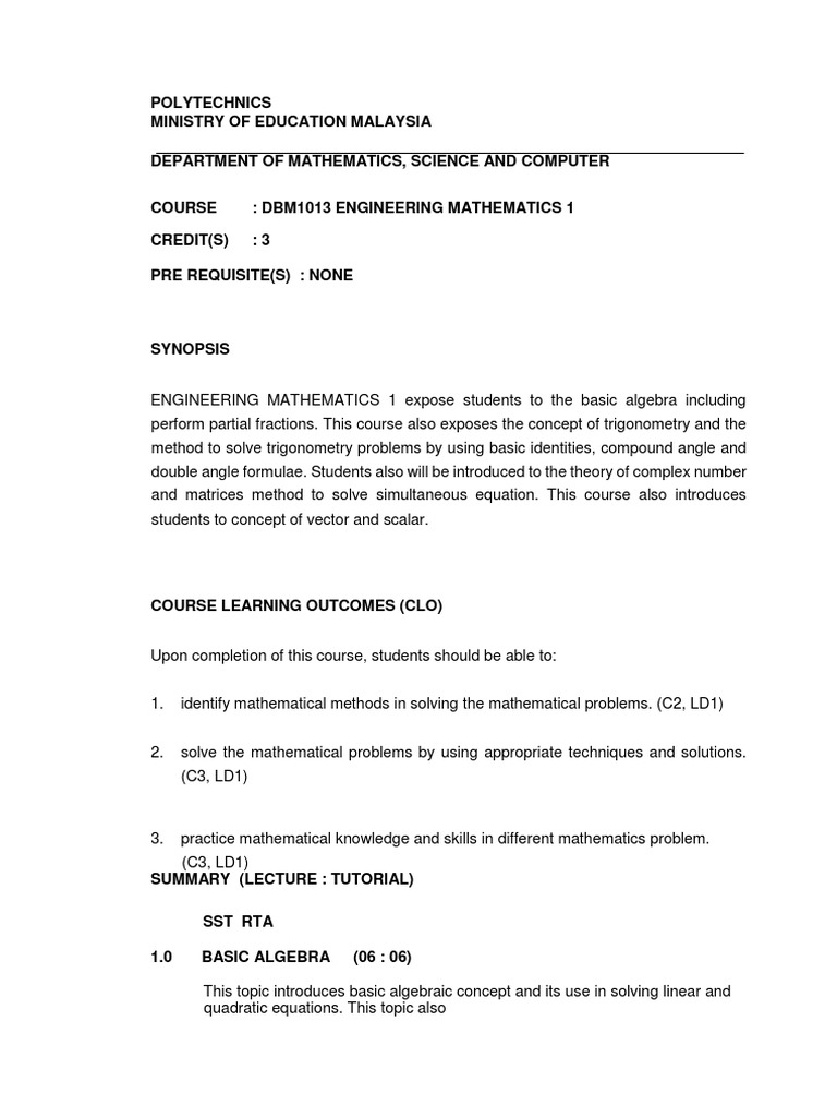 DBM1013 Engineering Mathematics 1 | PDF | Complex Number | Trigonometric Functions