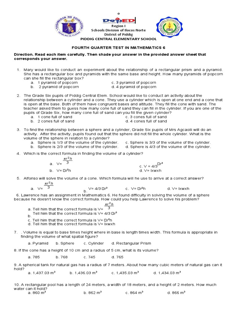 Grade 6 Math Volume and Geometry Test | PDF | Volume | Area