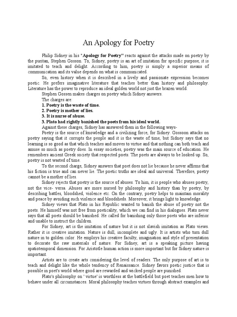 An Apology For Poetry Full Summary | PDF | Virtue | Poetry