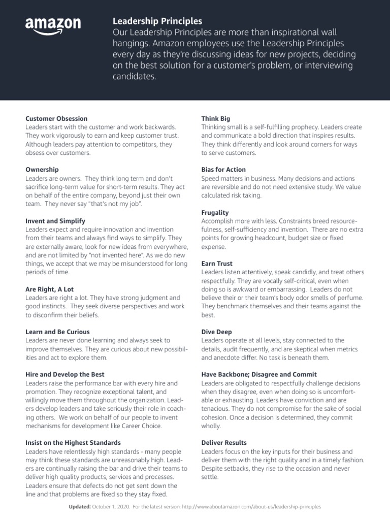 Amazon Leadership Principles 10012020 | PDF | Leadership | Human Nature