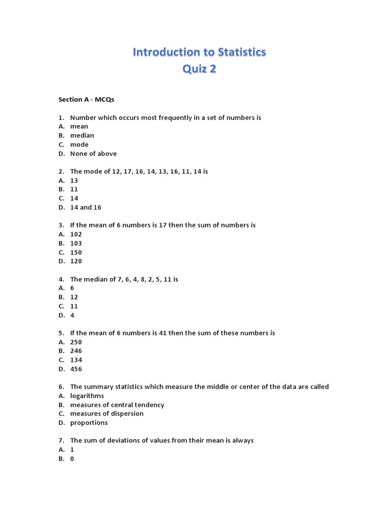 Introduction To Statistics Quiz 2: Section A - Mcqs | PDF | Mode ...