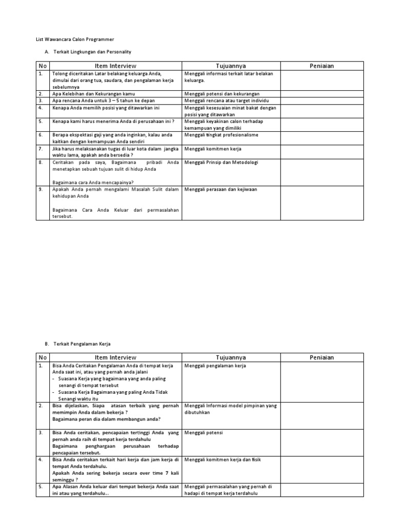 List Wawancara Calon Programmer | PDF