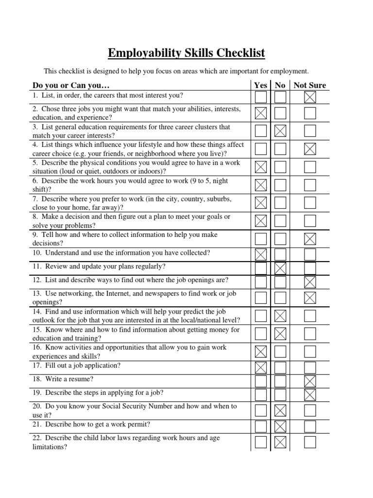 Employability Skills Checklist: Do You or Can You Yes No Not Sure | PDF ...