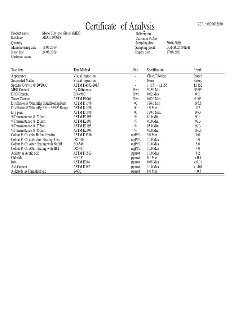 MEG Product Certificate of Analysis | PDF | Physical Sciences ...