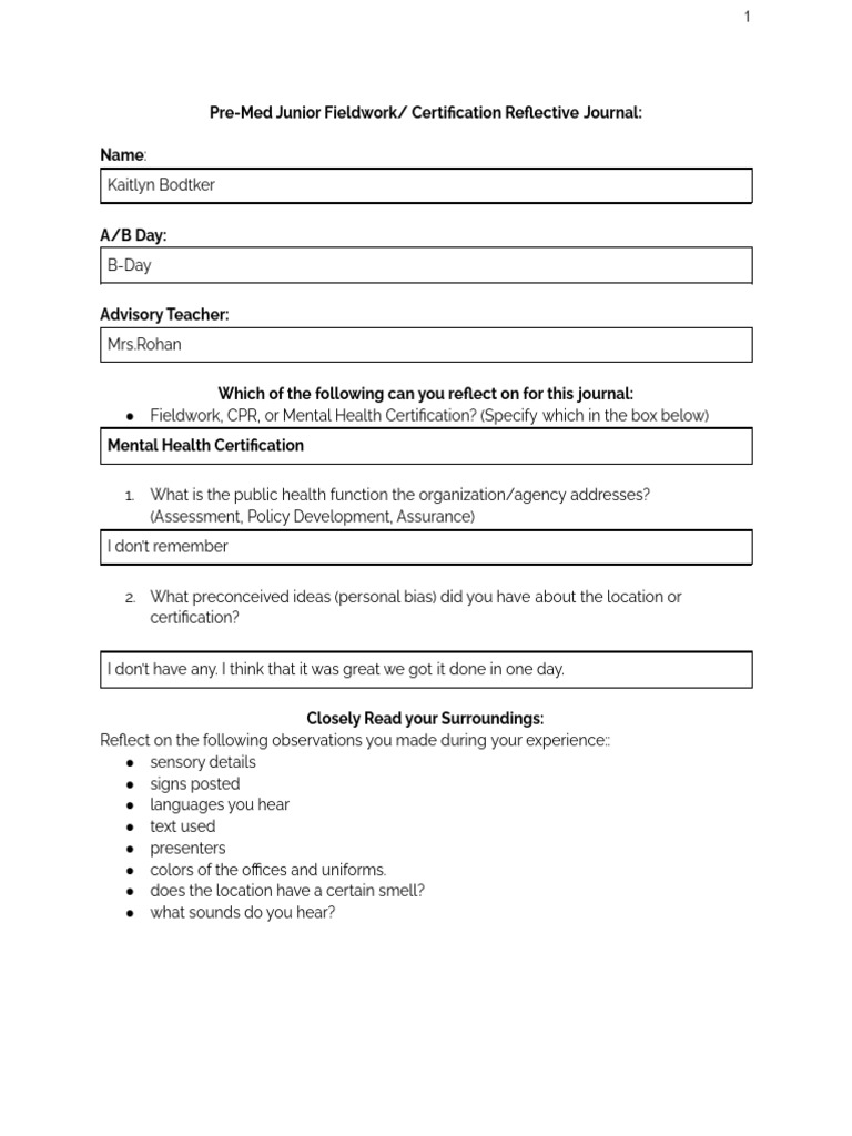 Mental Health 2019-2020 Junior Fieldwork Certification Reflective ...
