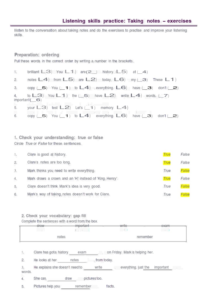 Listening Skills Practice: Taking Notes - Exercises: L3) L1 L5 ...