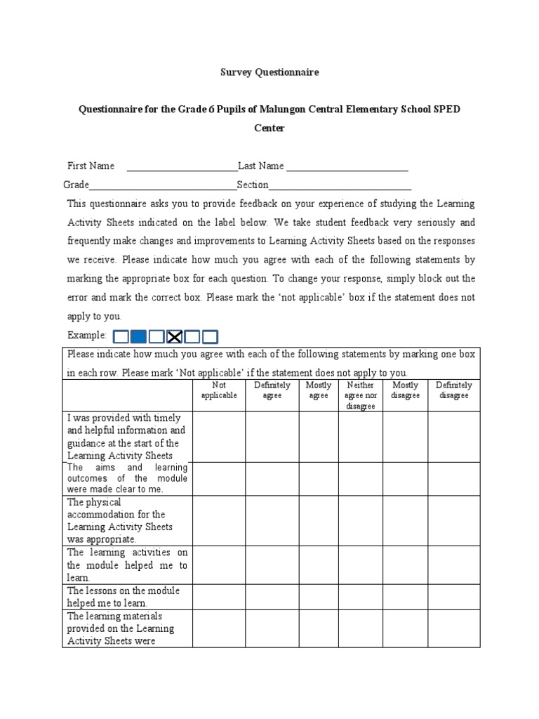 Questionnaire For The Grade 6 Pupils of Malungon Central Elementary ...