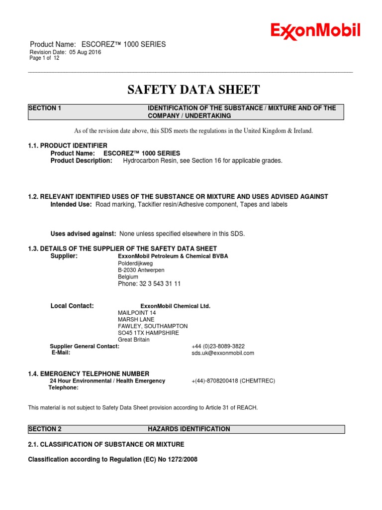 Escorez 1000er - MSDS - en - 05.08.2016 | PDF | Firefighting | Waste Management