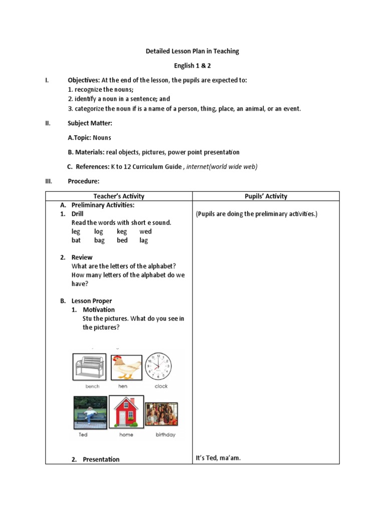 Detailed Lesson Plan in ENGLISH 1 & 2 | PDF | Lesson Plan | Linguistics