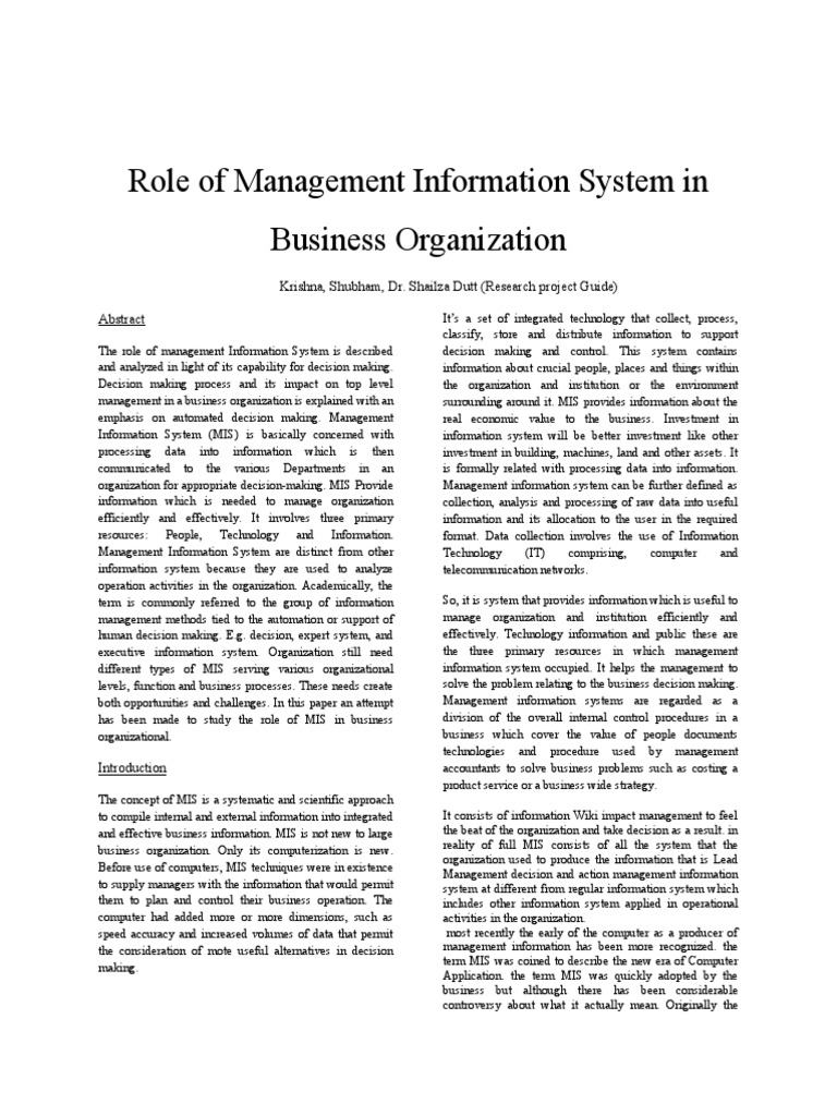 Role of Management Information System in Business Organization | PDF ...