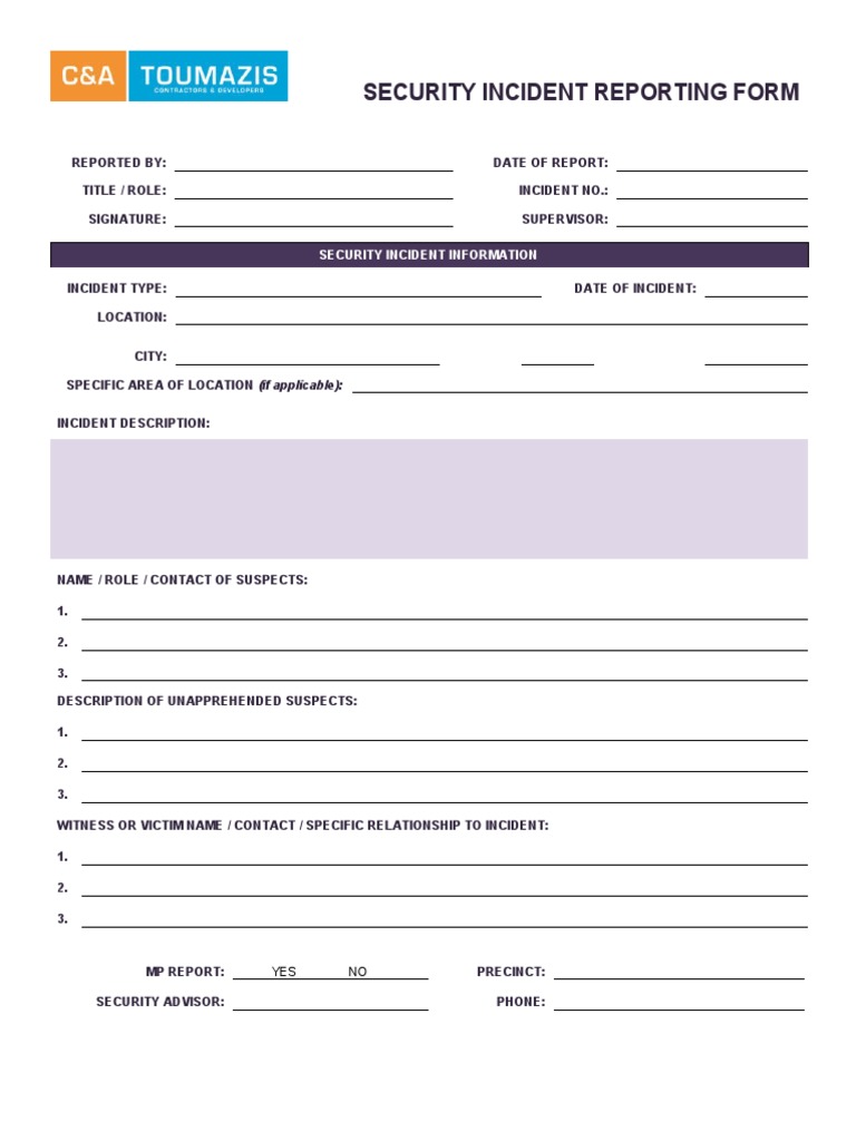 Security Incident Reporting Form Template | PDF