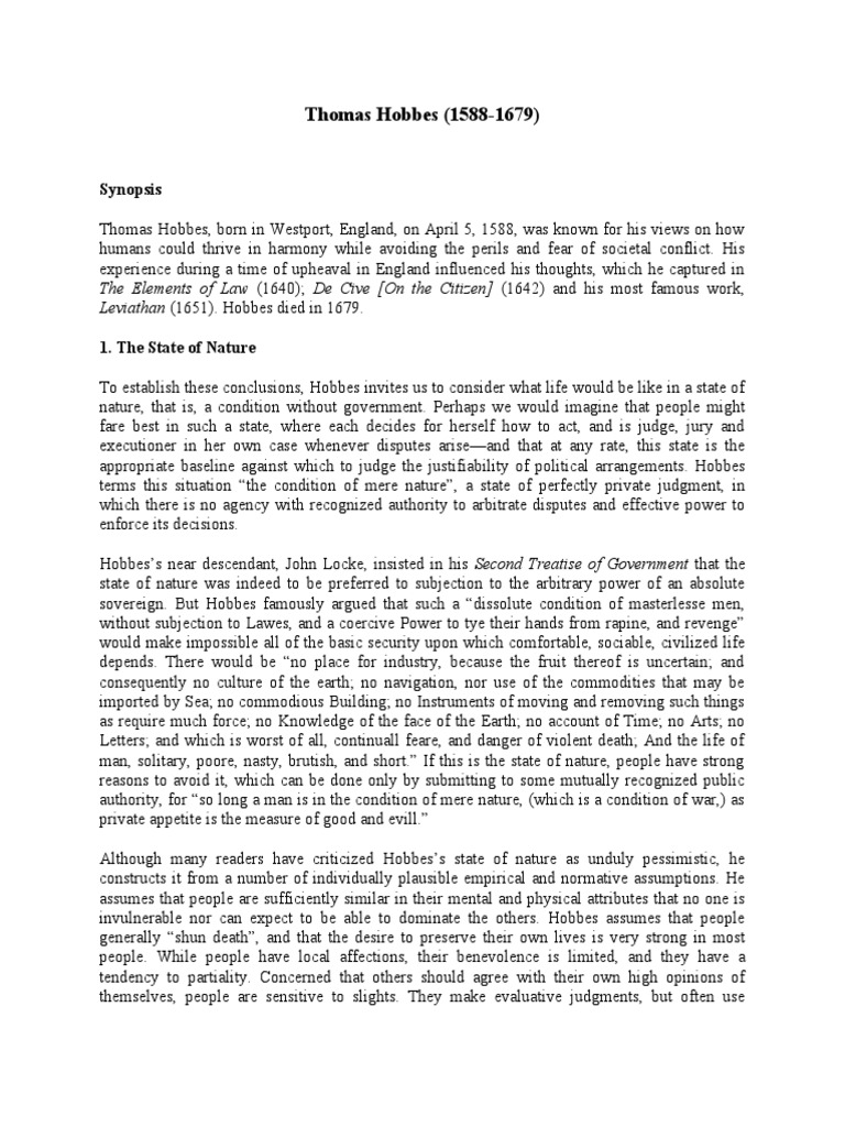 Thomas Hobbes (1588-1679) : Synopsis | PDF | Sovereignty | Social Contract