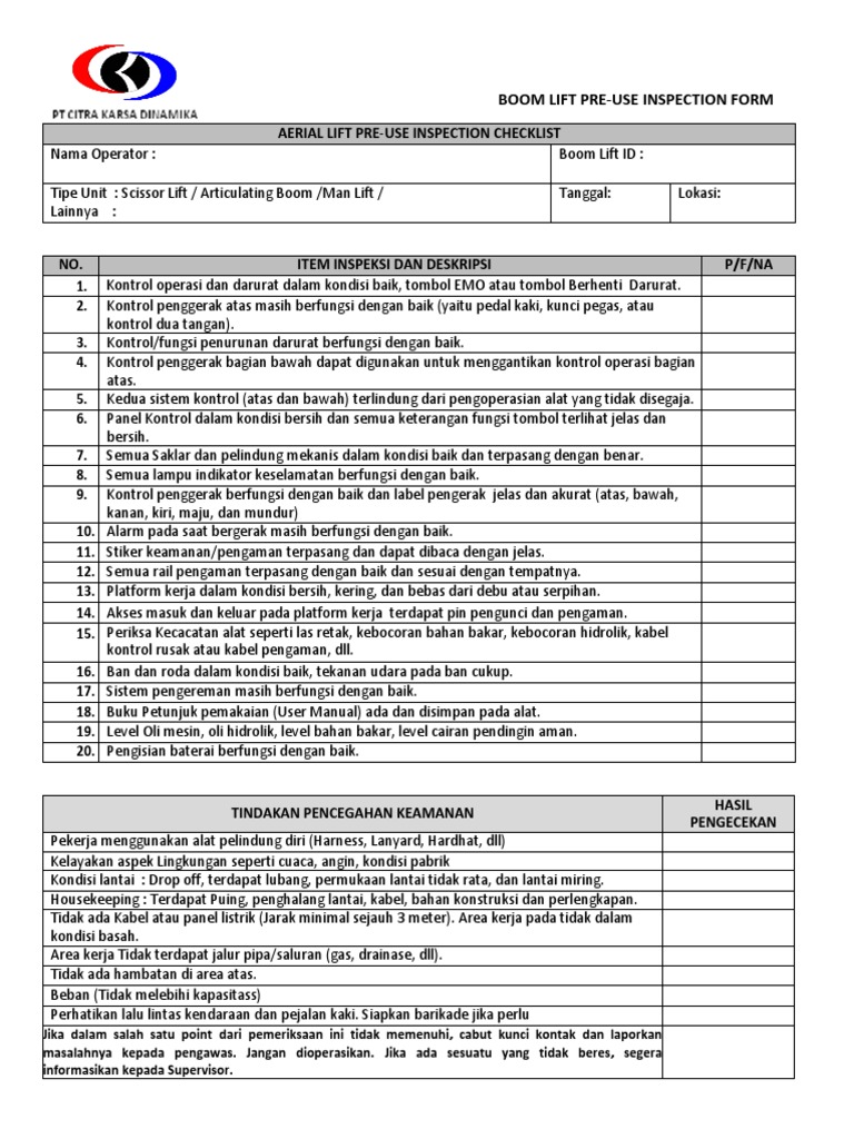 Aerial Lift PreUse Inspection Checklist | PDF