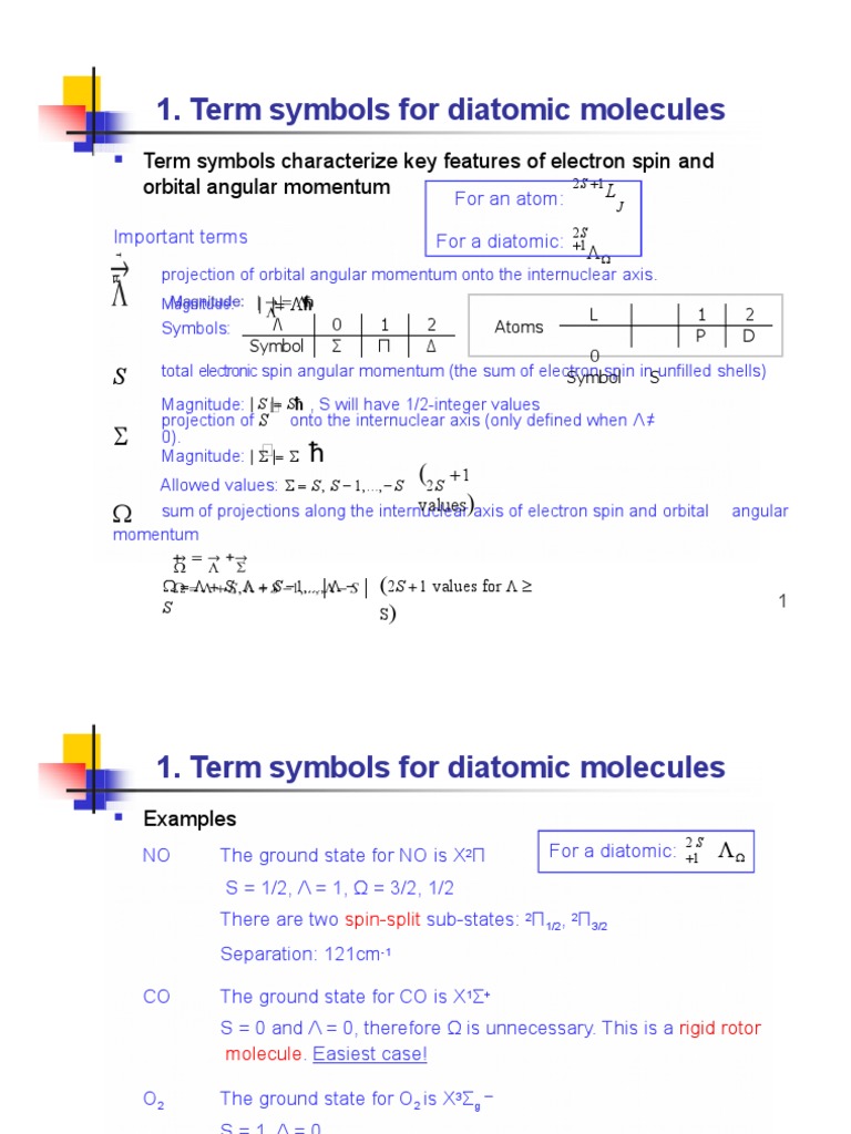 Term Symbols For Diatomic Molecules | PDF | Atomic Orbital | Spin (Physics)