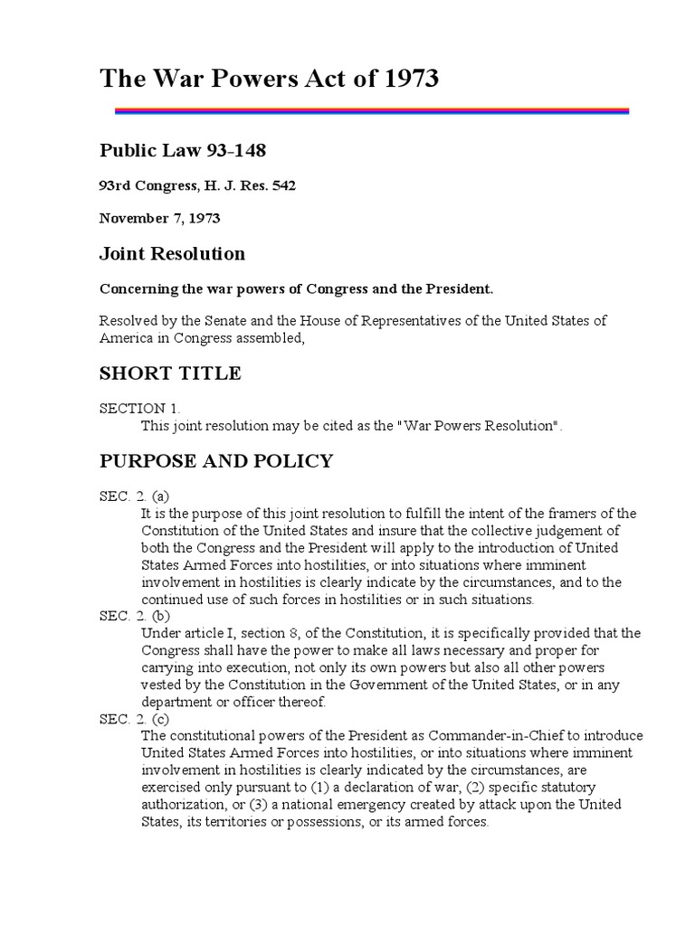 The War Powers Act of 1973 | PDF | War Powers Resolution | United ...