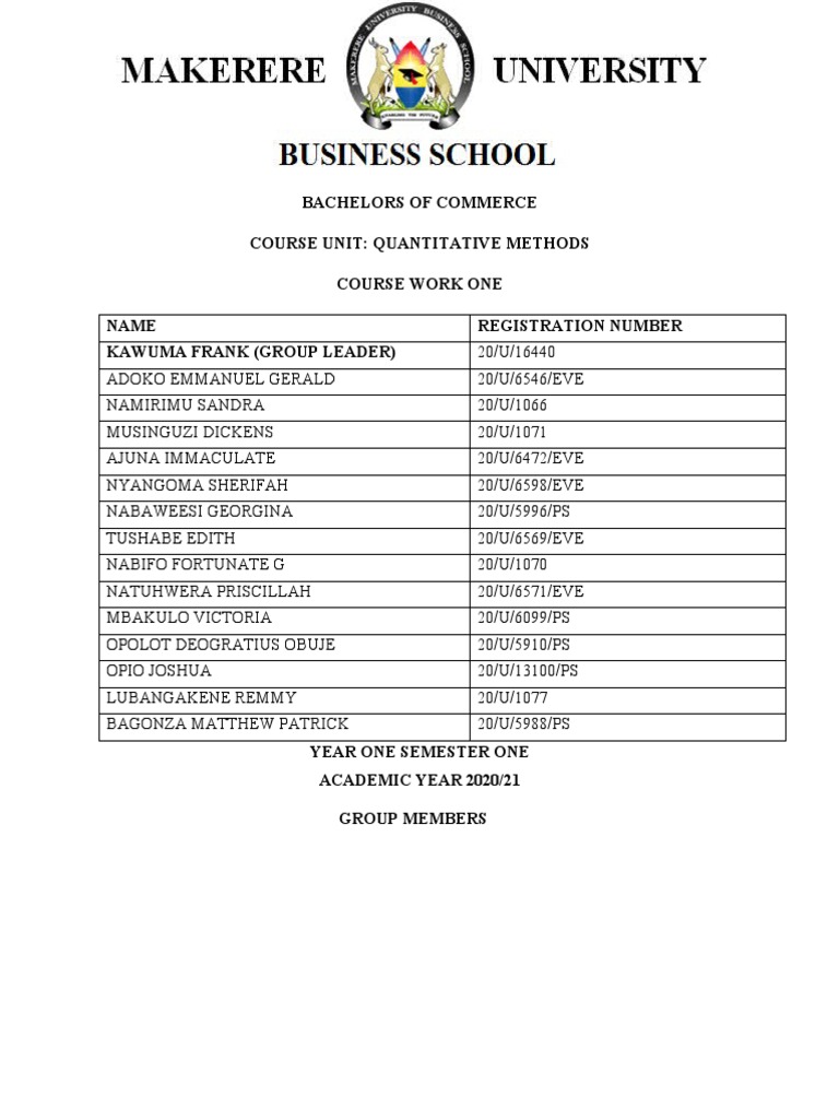 Bachelors of Commerce Course Unit: Quantitative Methods Course Work One ...