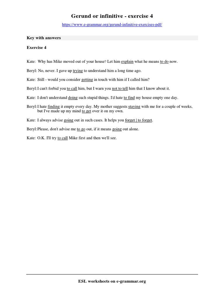 Gerund Infinitive Exercise 4 Key | PDF