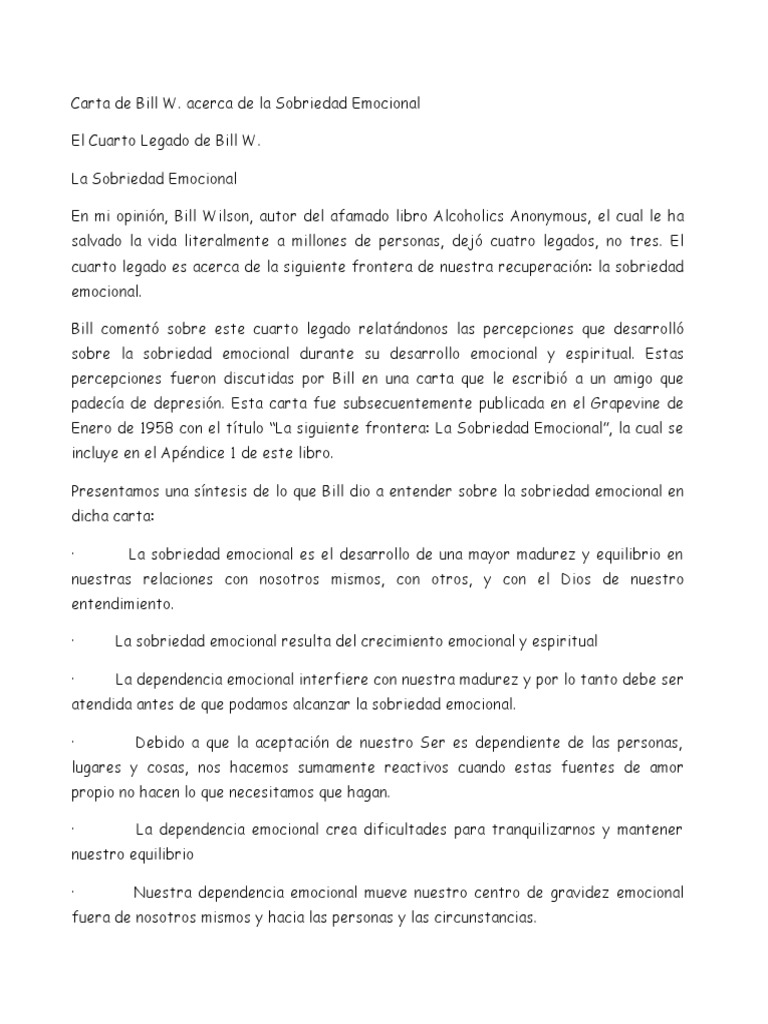 Carta de Bill W La Sobriedad Emocional | PDF | Amor | Sicología