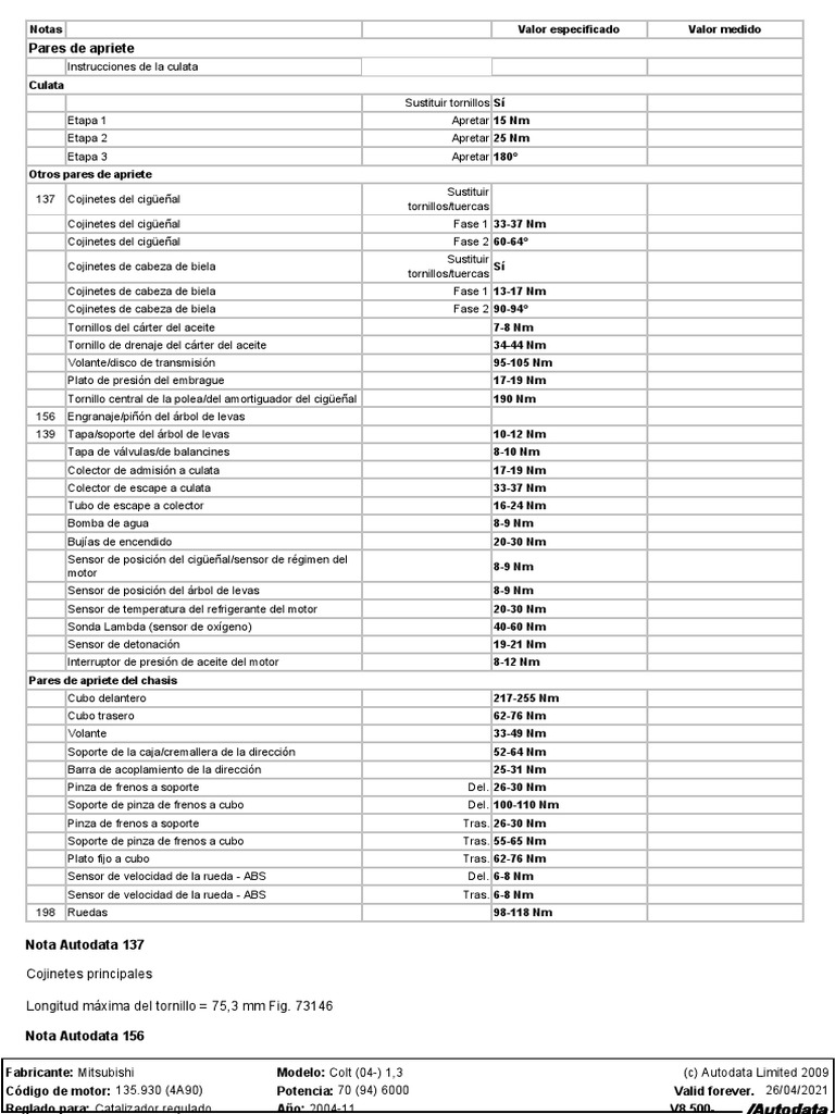 Pares de Apriete | PDF | Motores | Vehículos