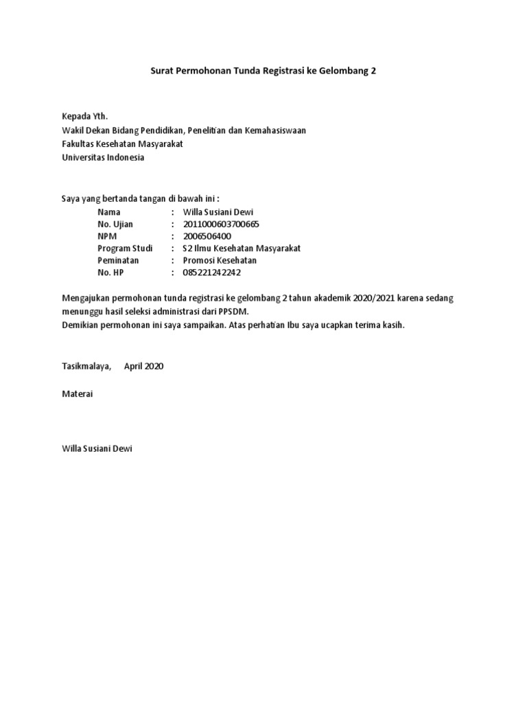 Ajuan Surat Permohonan Tunda Registrasi | PDF